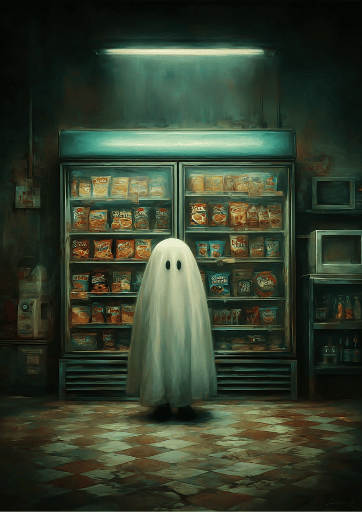 Ghost Convenience Store Poster – Nocturnal Noodle Haunt Spooky 3AM Dre ...